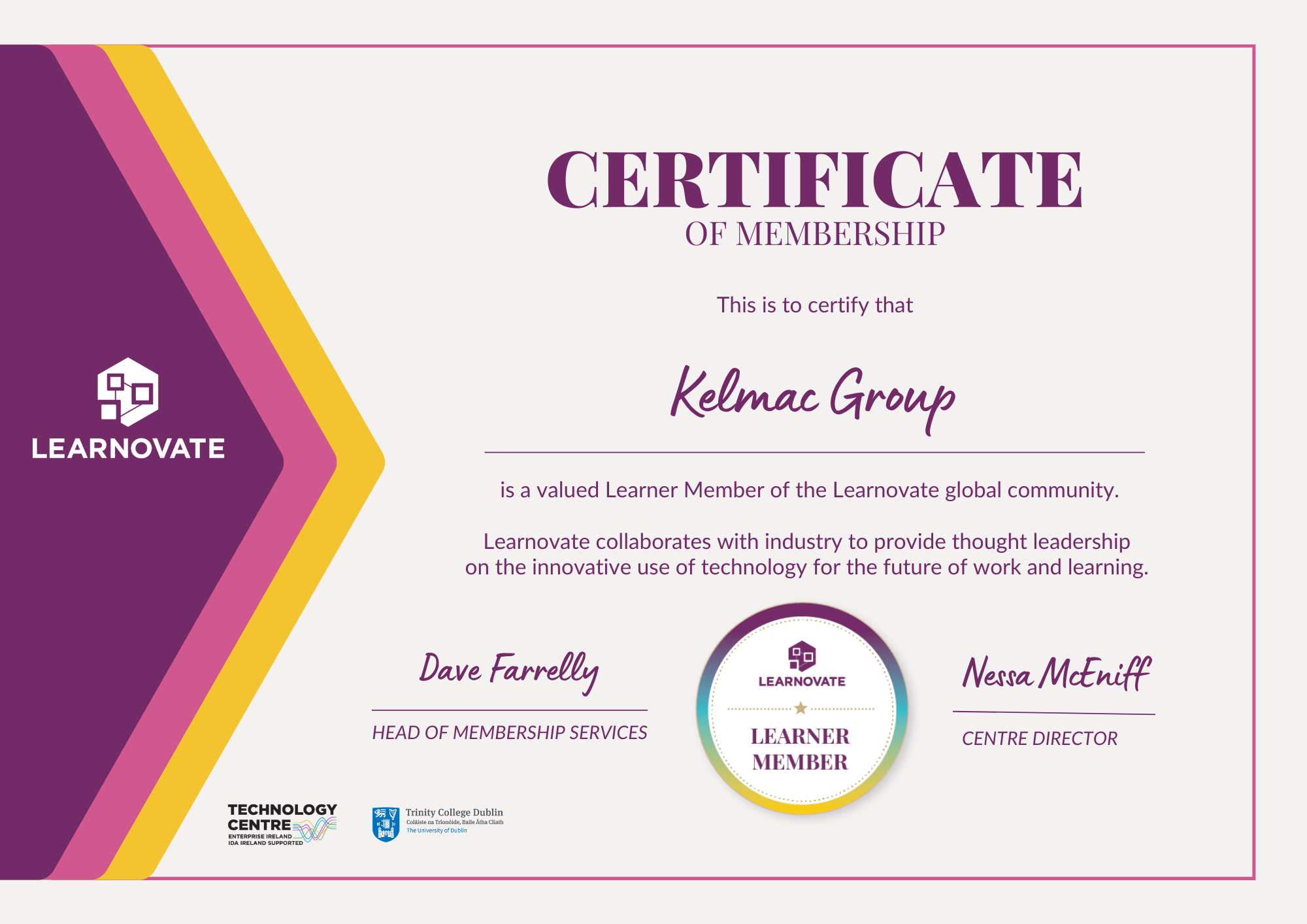 Kelmac Group® Learnovate Member Certificate-Kelmac Group®